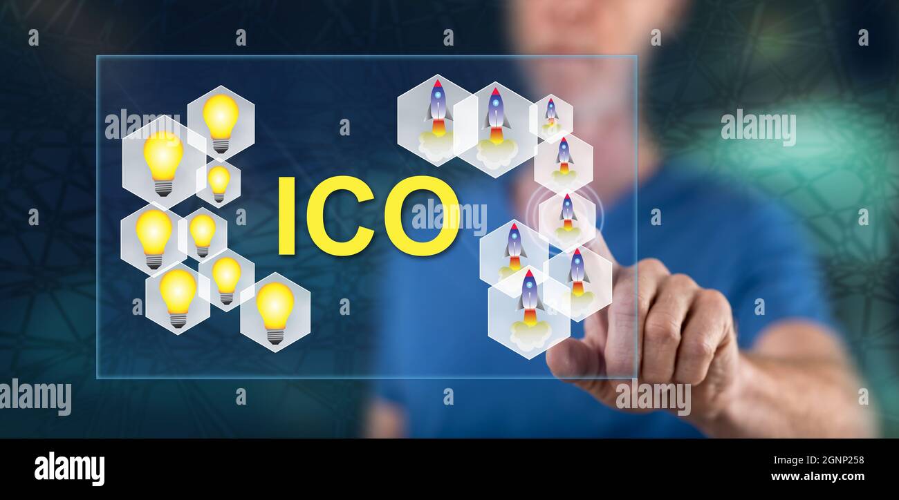 Man touching an ico concept on a touch screen with his finger Stock ...