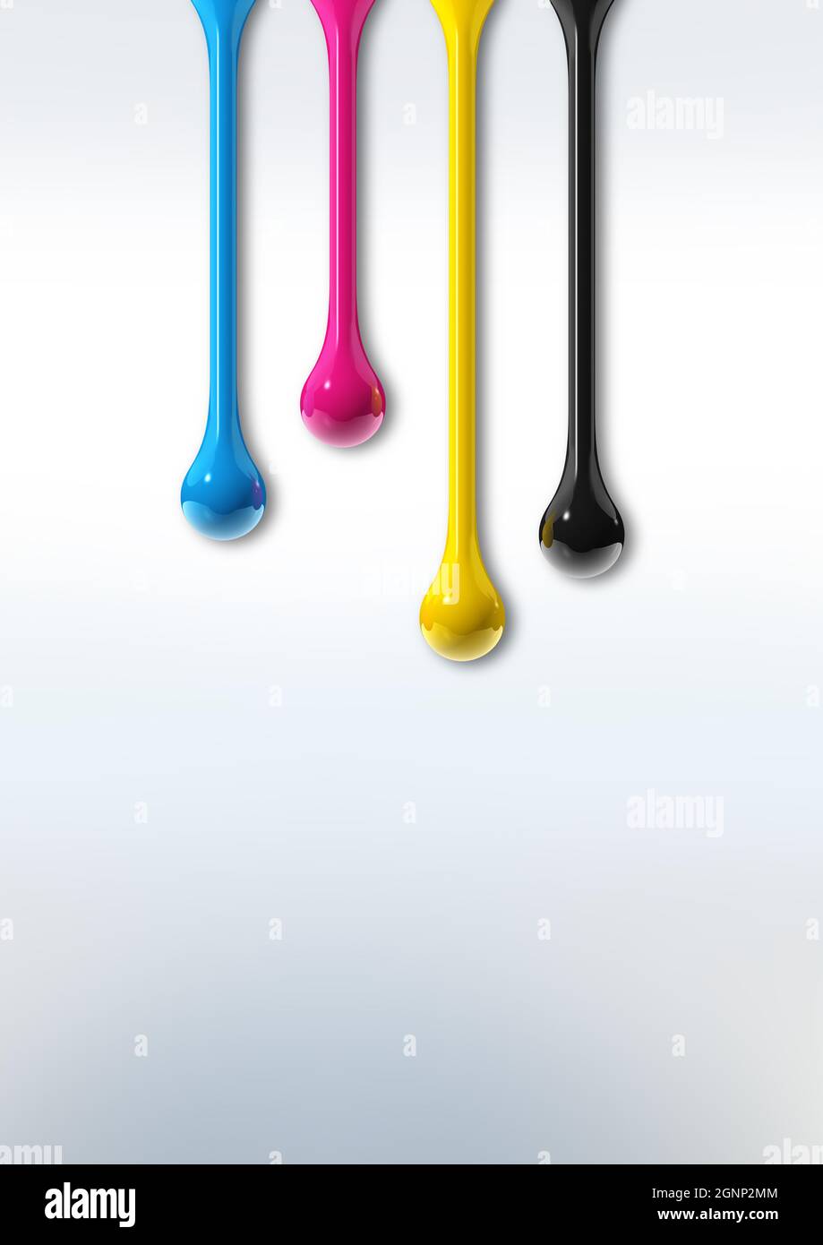 3D cmyk ink drops isolated on white paper background. Illustration ...