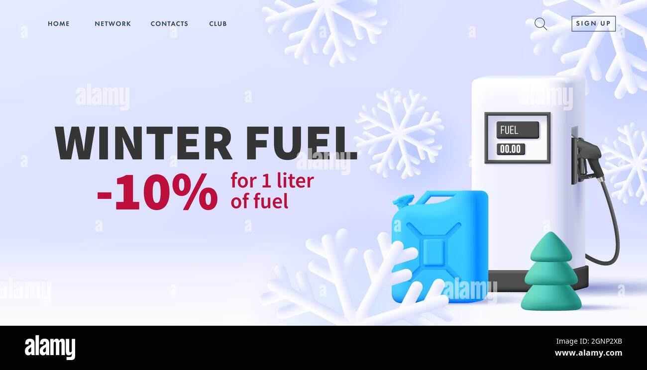 Winter sale banner for gas station with 3d render illustration of gas ...