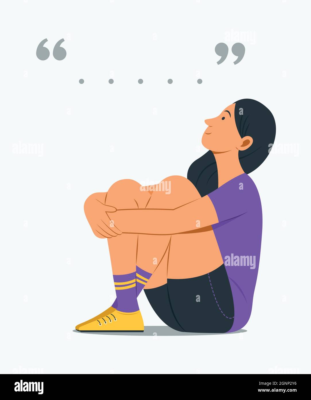 Woman Sit and Look Above at Copy Space of Quotation Marks Stock Vector ...