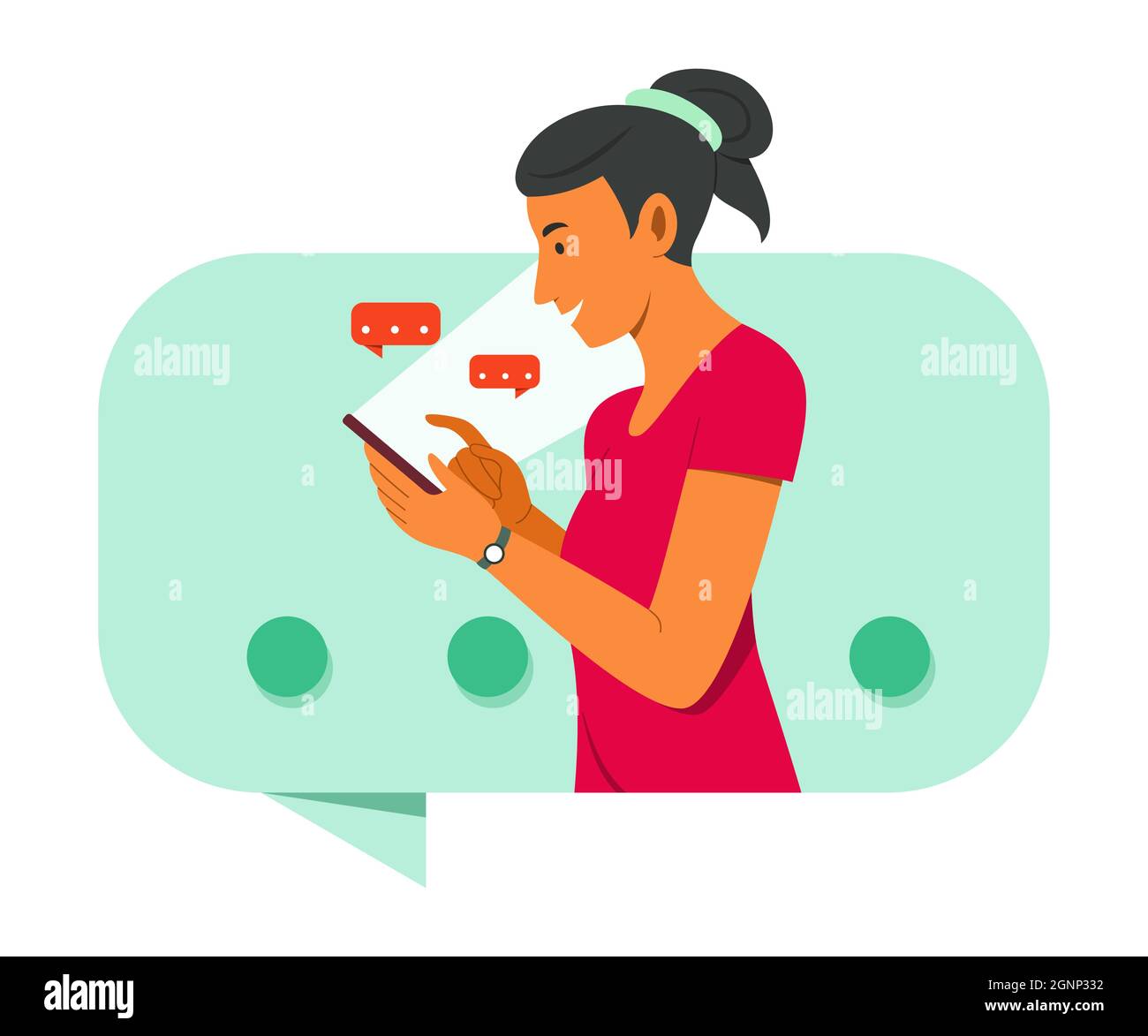 Woman Chatting on Mobile Phone and is in Big Chatting Bubble Icon Stock ...