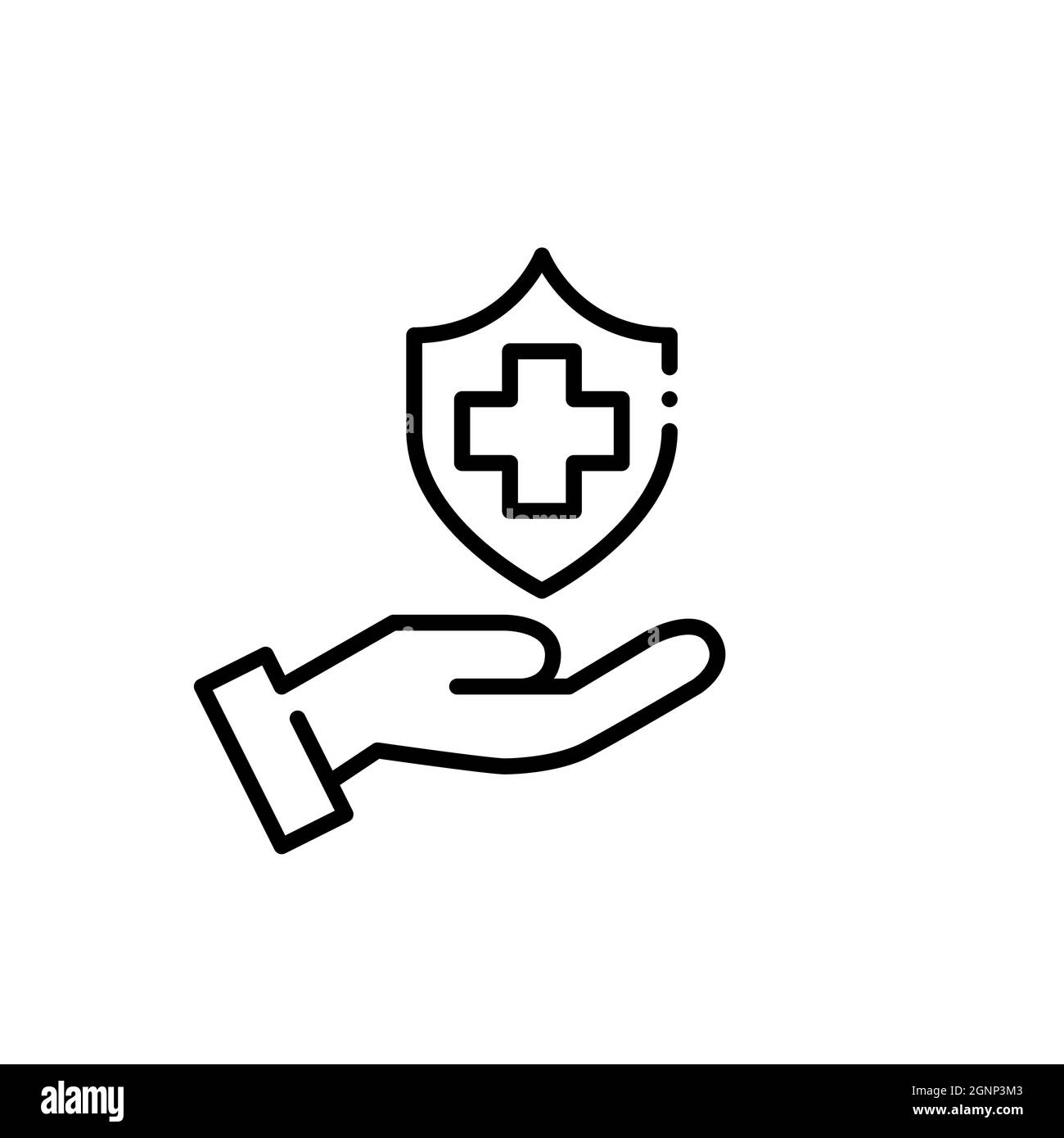 Disease protection and safety icon. Hand with shield and cross. Pixel ...