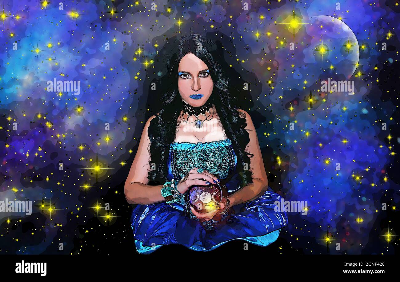 Female Psychic with Crystal Ball and galaxy background Stock Photo - Alamy