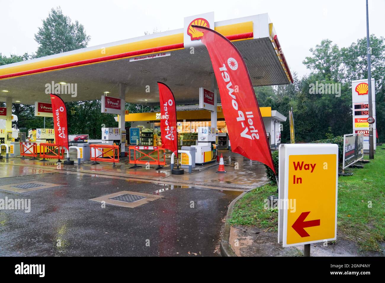 Fuel pumps are out of use at a deserted Shell petrol station forecourt ...