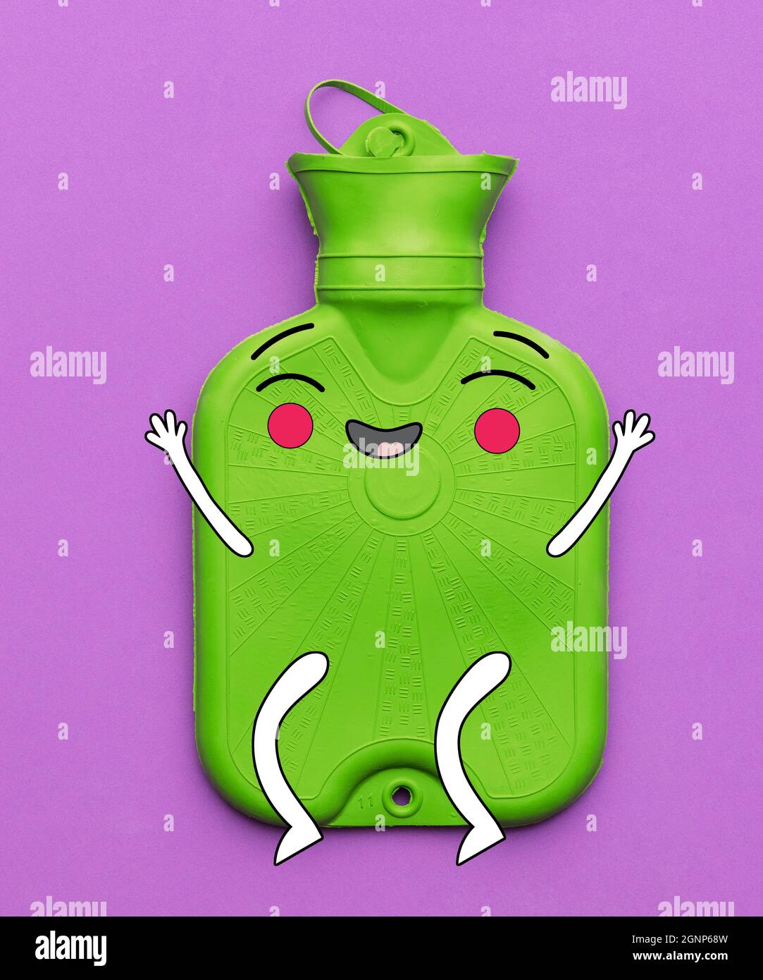 Contemporary art collage of green rubber hot-water bag with cartoon ...