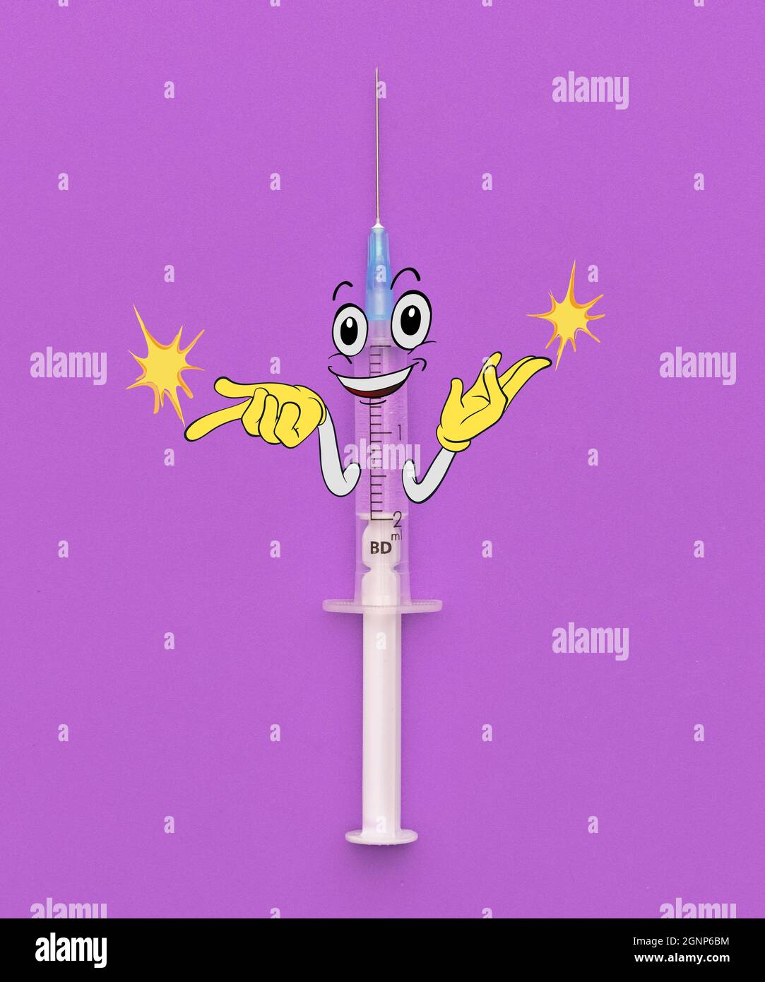 Contemporary art collage of syringe with happy cartoon face isolated ...