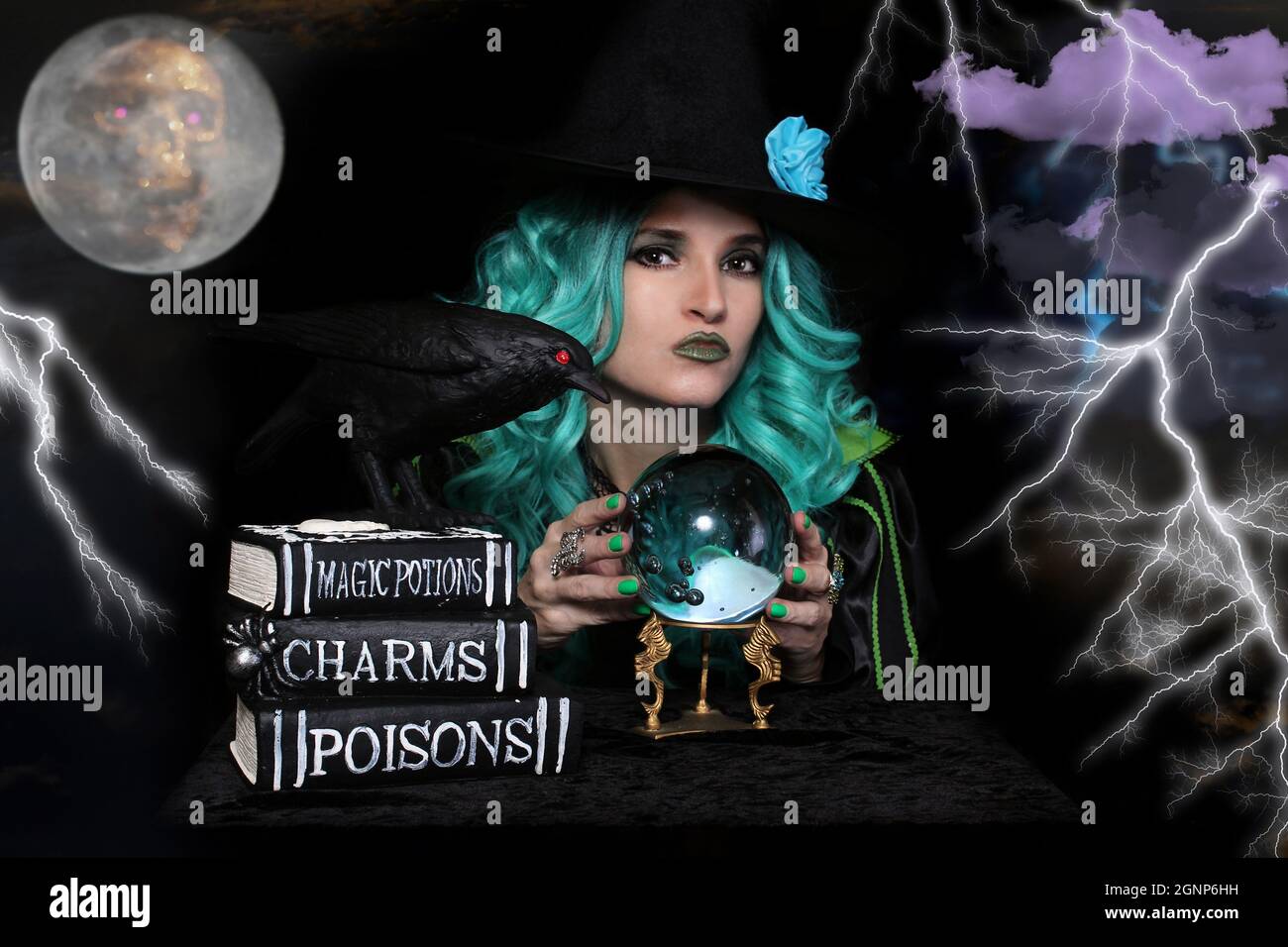 Green Hair Witch With Crystal Ball and Spell Books Stock Photo - Alamy