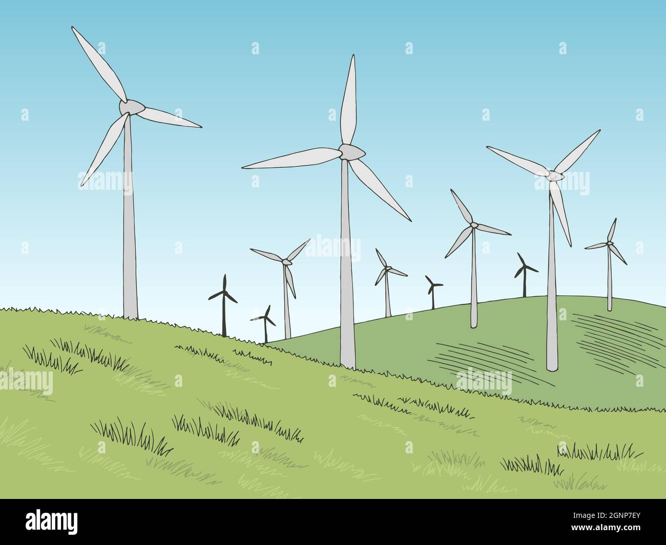 Windmills graphic color landscape sketch illustration vector Stock ...