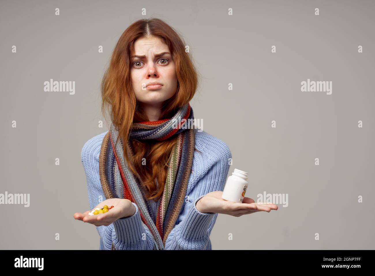 sick woman health problems temperature isolated background Stock Photo ...