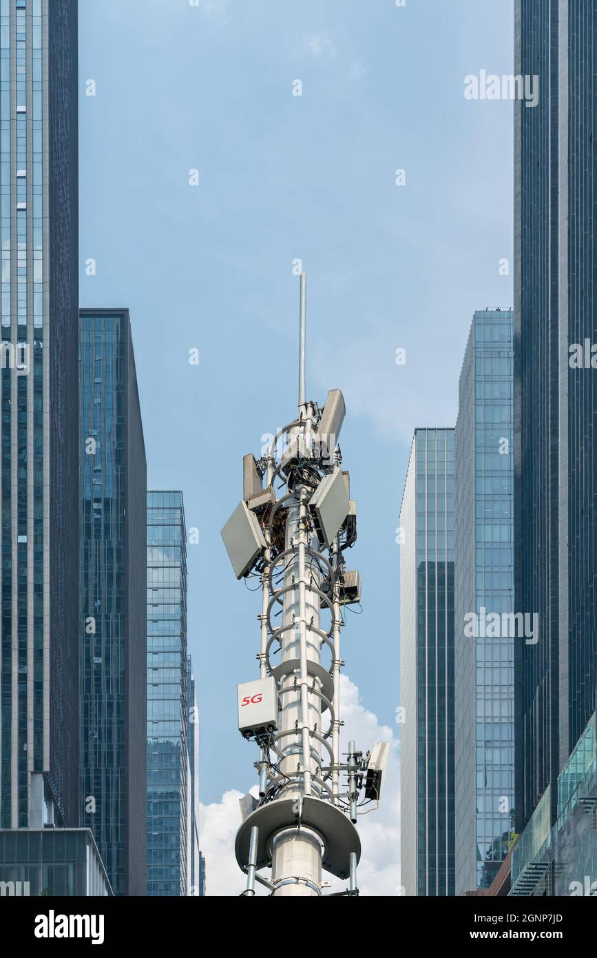 CHONGQING, CHINA - Aug 27, 2021: A vertical shot of a 5g antenna tower ...