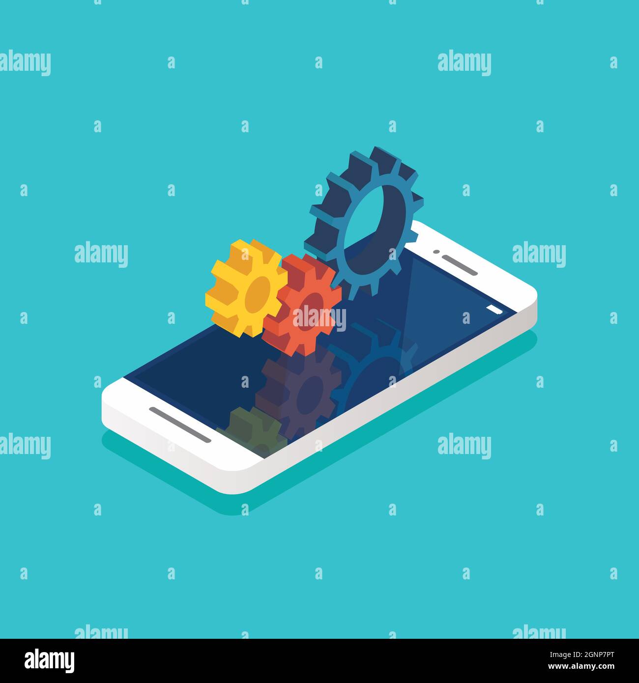 Mechanic gears on the smartphone screen isometric. Vector illustration ...