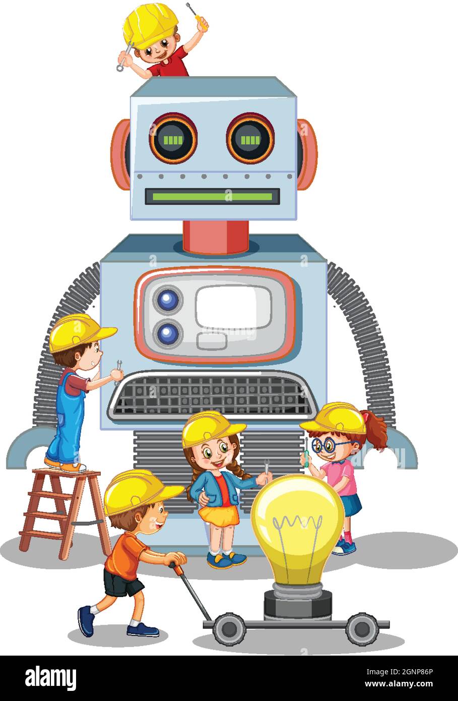 Children building robot together on white background illustration Stock ...