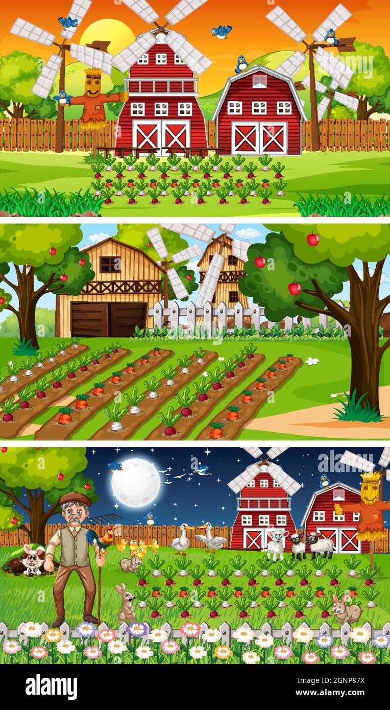 Different farm scenes with old farmer and animal cartoon character ...