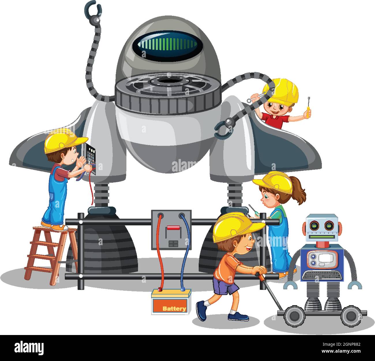 Children building robot together on white background illustration Stock ...
