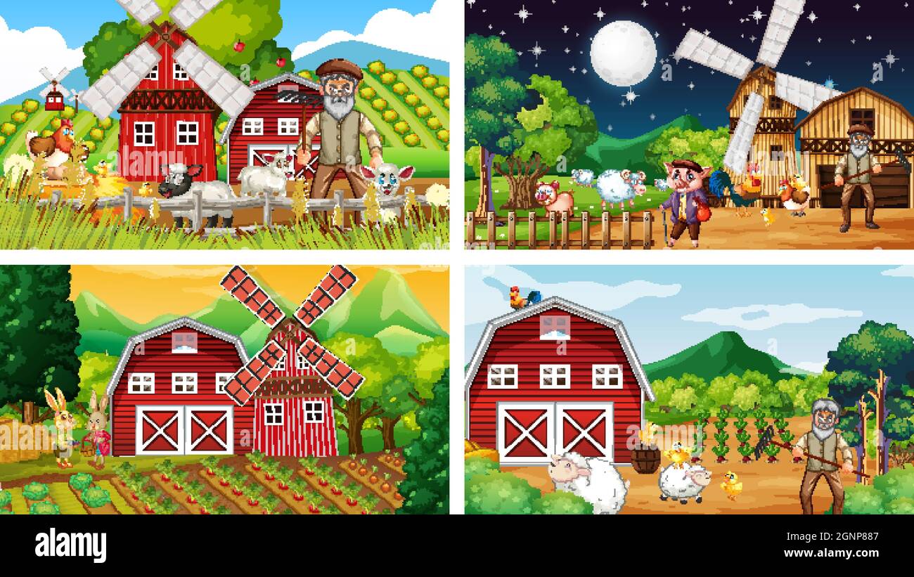 Different farm scenes with old farmer and animal cartoon character ...