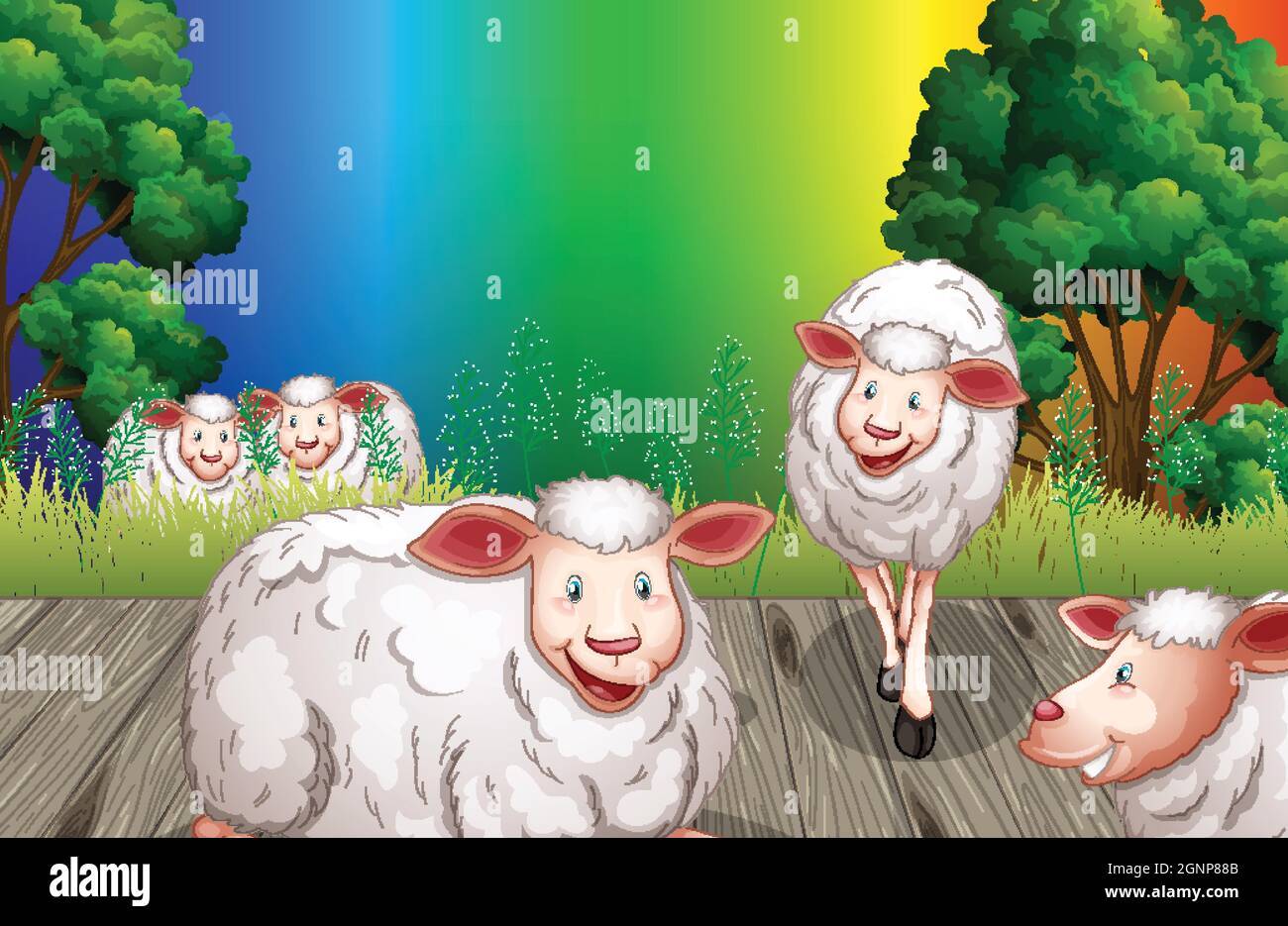 Many sheeps cartoon character on rainbow gradient background ...