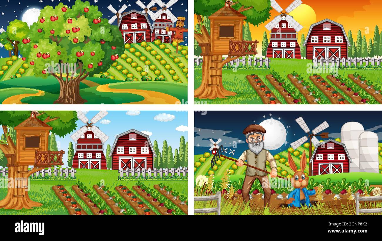 Different farm scenes with old farmer and animal cartoon character ...