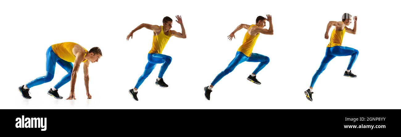 Collage. One Caucasian professional male athlete, runner training ...