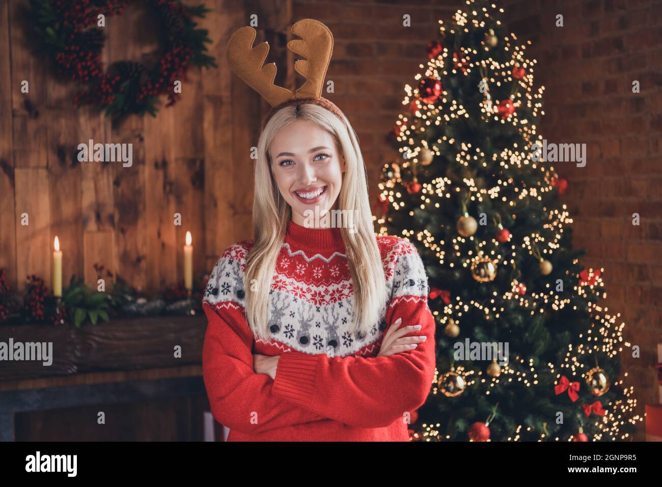 Portrait of attractive cheerful girl folded arms holly jolly spirit ...