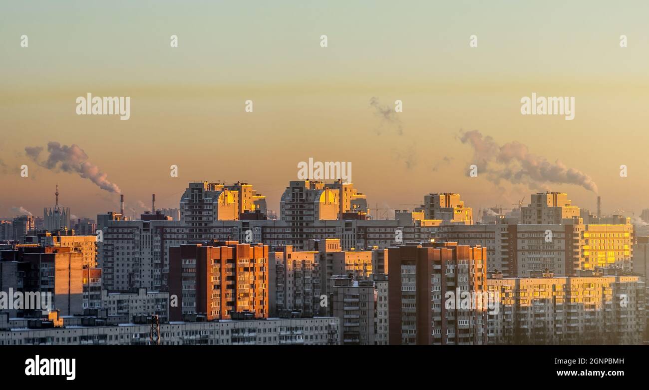 Residential arrays of high-rise buildings on the horizon sunset Stock ...