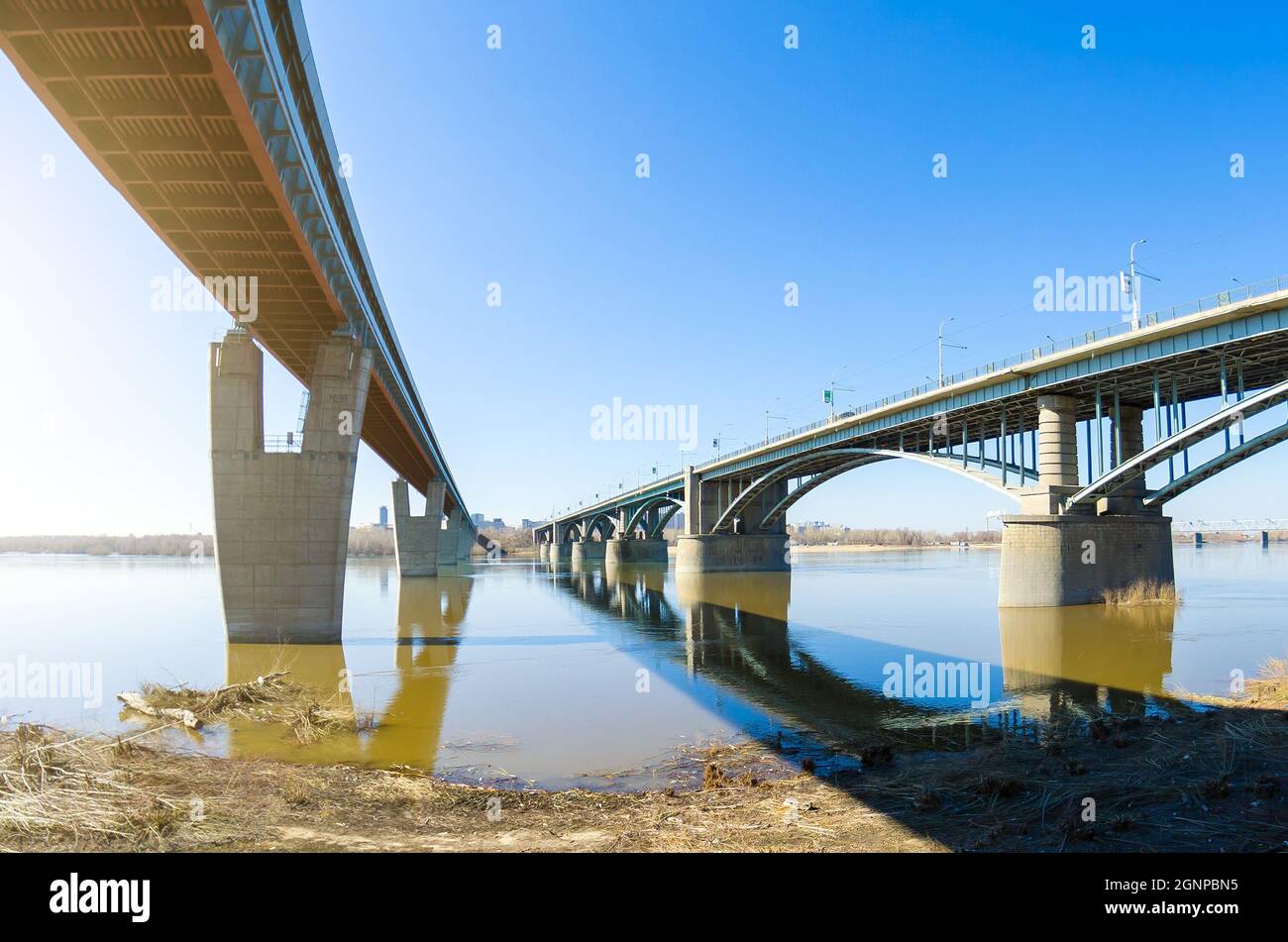 Two bridges across the river, one metro bridge railway, and automobile ...