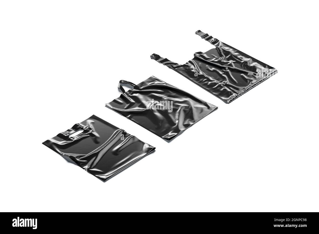 Blank black plastic bag mockup set, side view, different types, 3d ...