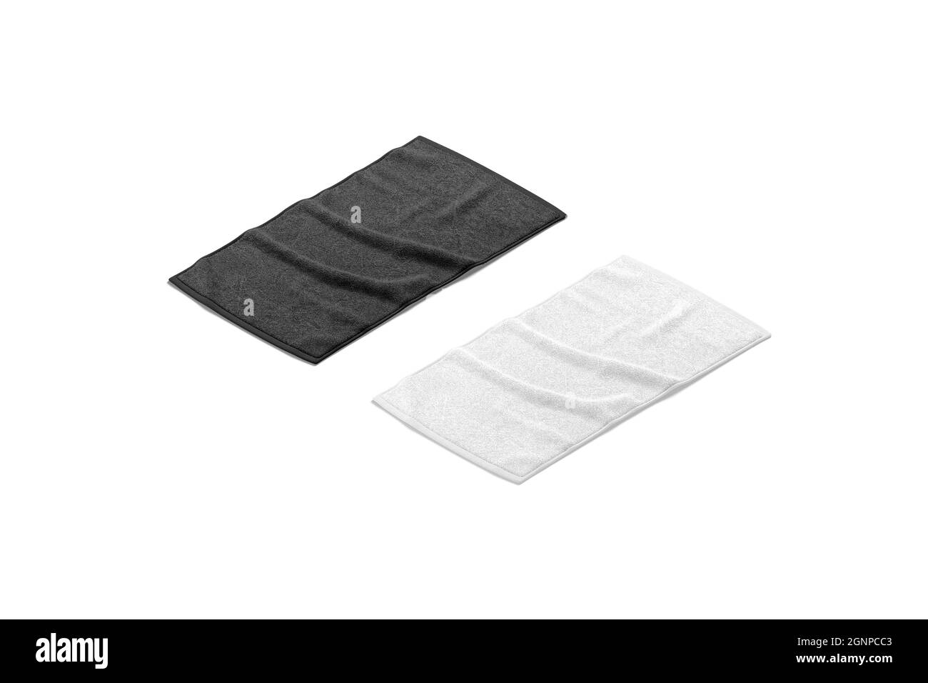 Blaank black and white crumpled small towel mockup, side view, 3d ...