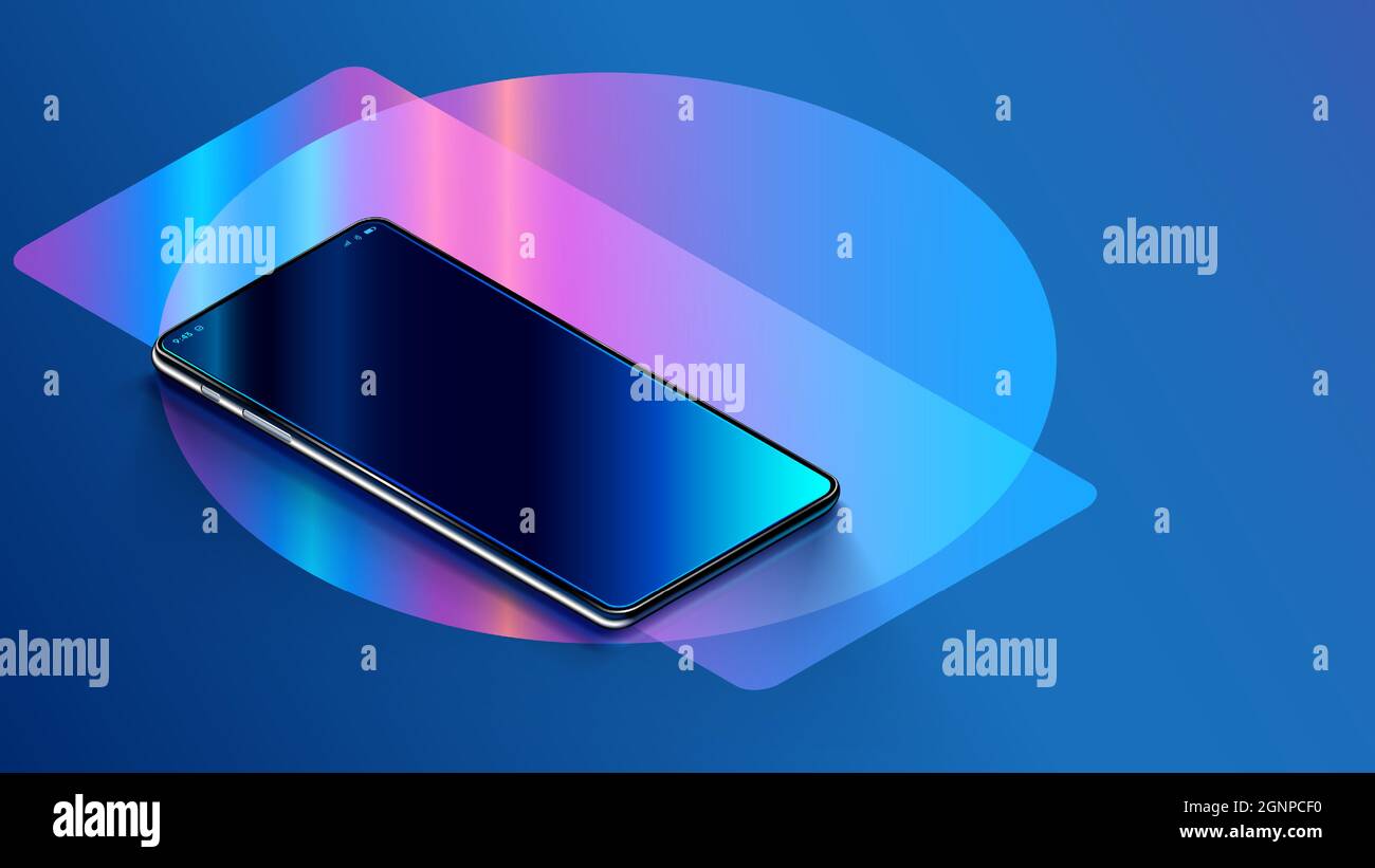 Phone with empty screen is on the table or reflection surface ...