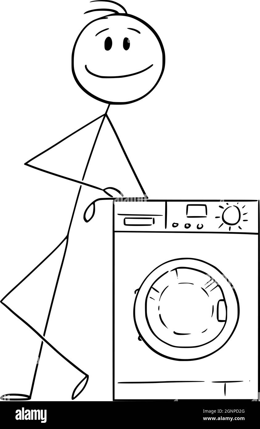 Person or Seller Leaning Towards or Showing Washing Machine, Vector ...