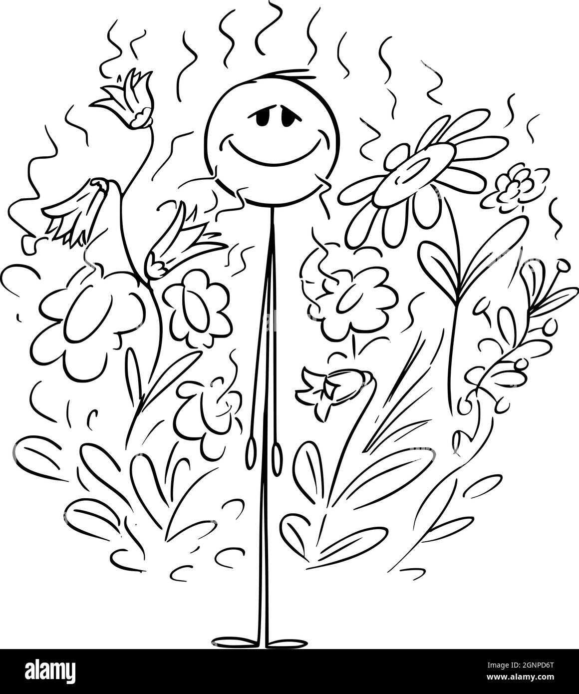 Happy Person Smelling Flowers , Vector Cartoon Stick Figure ...