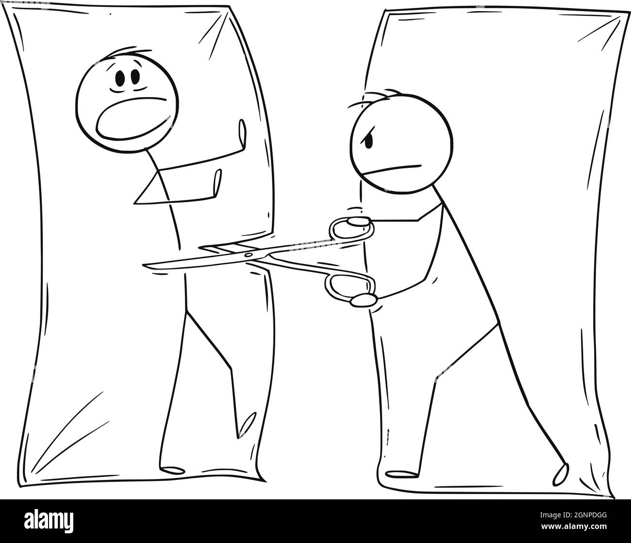 Drawn Person Cutting Another Man Drawn on Paper with Scissors, Vector ...