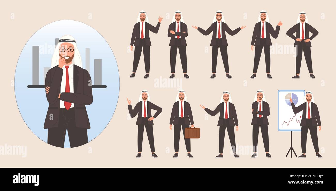 Businessman arab character avatar design set. Vector illustration Stock ...