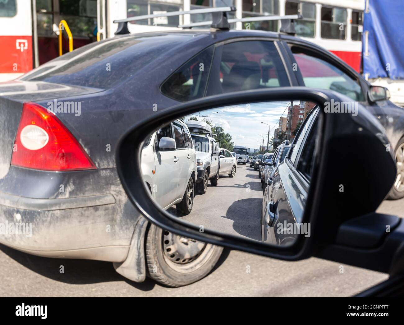 Reflection traffic jam in the rearview mirror of a car Stock Photo - Alamy