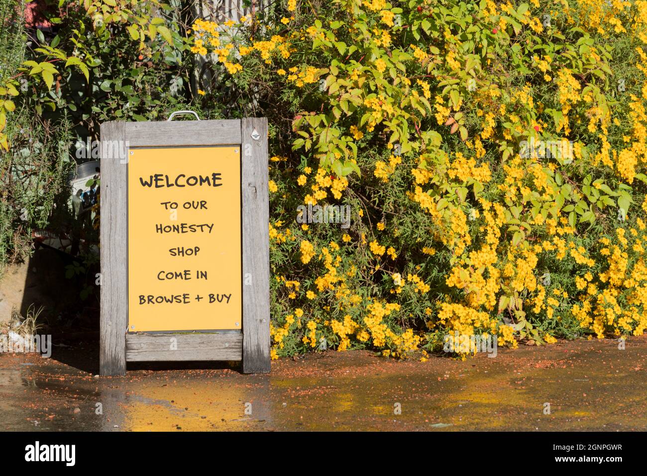 A welcome sign at the Eco Garden Honesty Shop at Kimbriki Eco House in ...