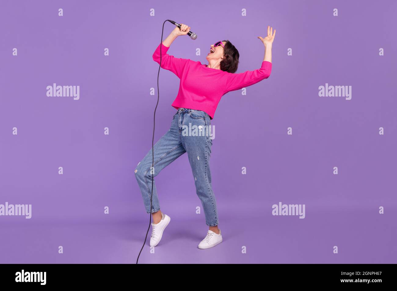 Full length body size view of attractive talented cheery woman singing ...