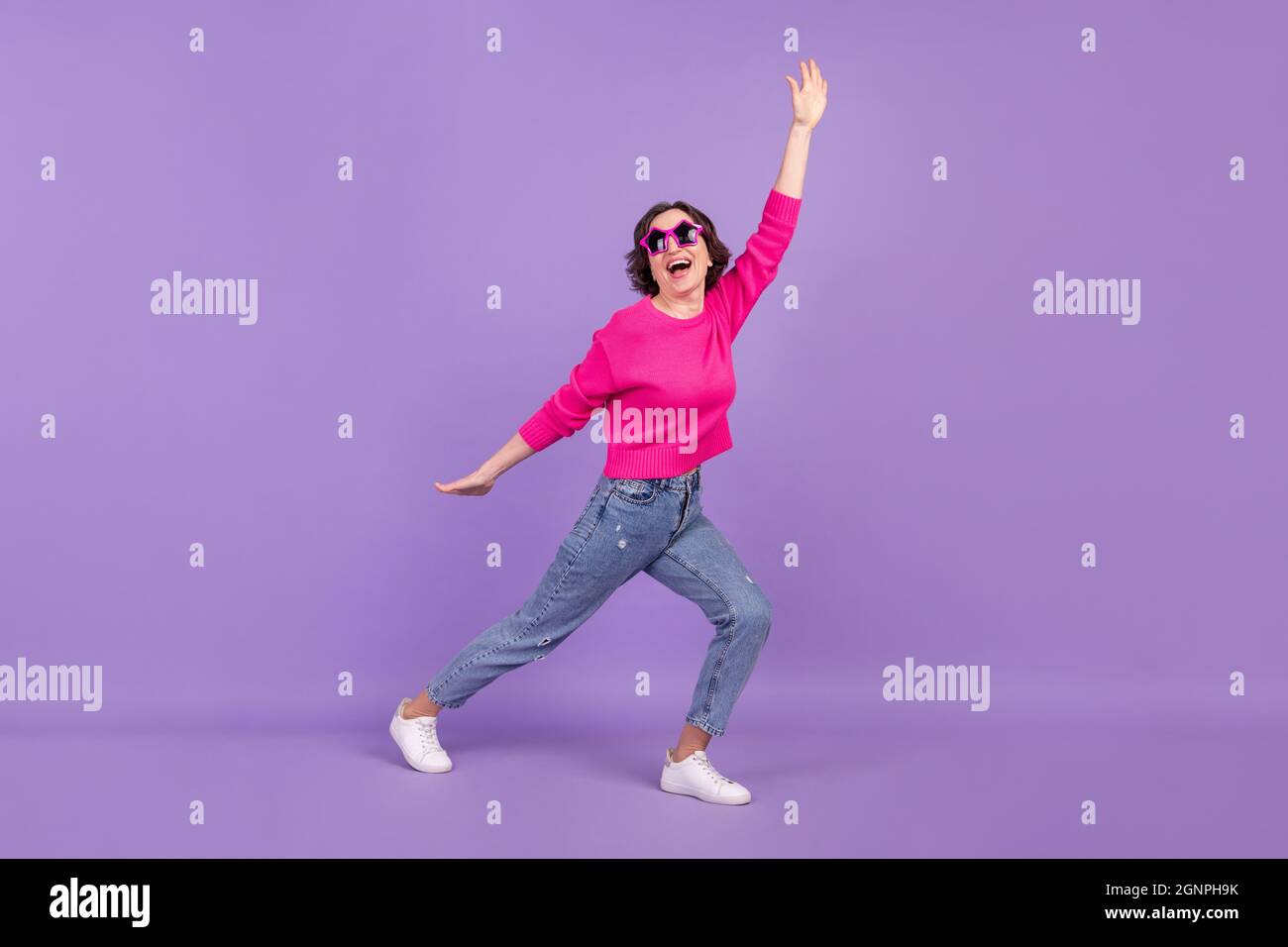 Full length body size view of attractive cheerful funky woman dancing ...