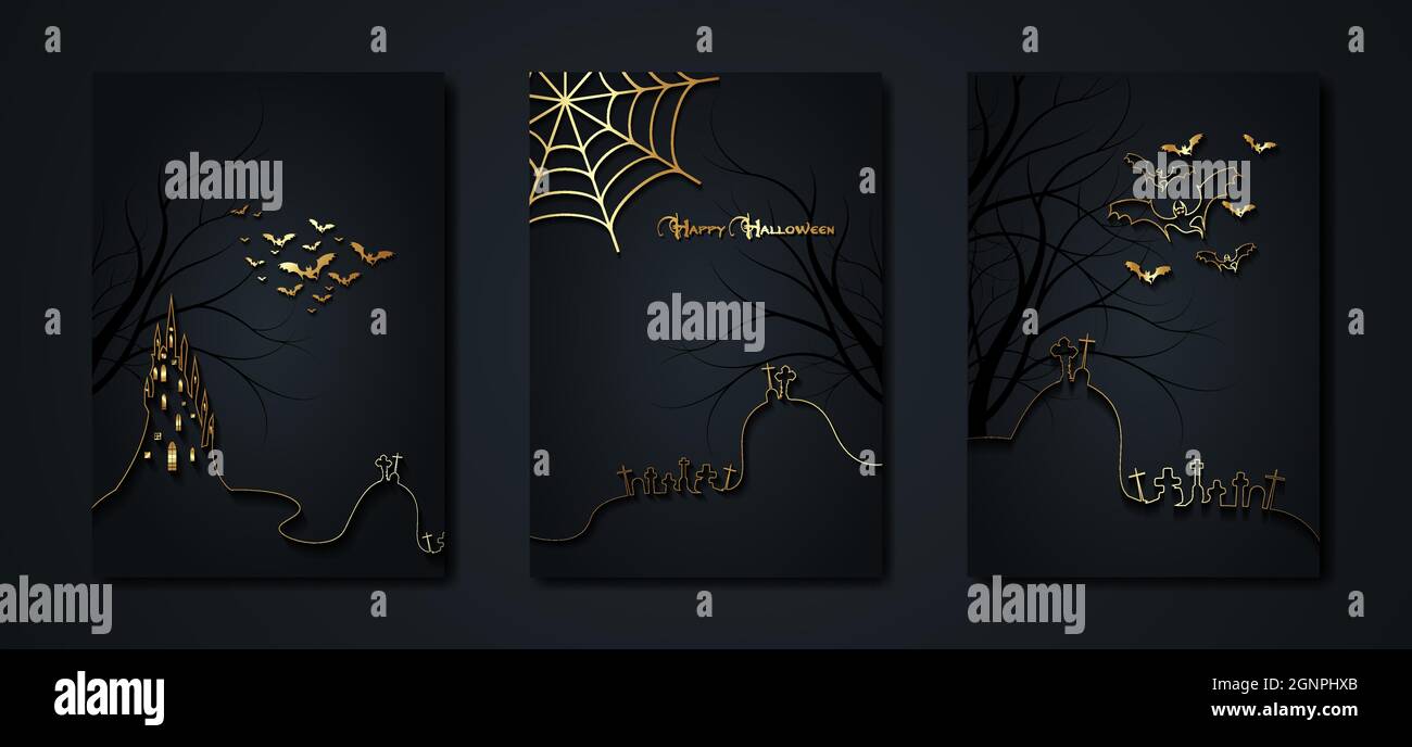 Halloween party, set gold cards spooky dark background, silhouettes of ...