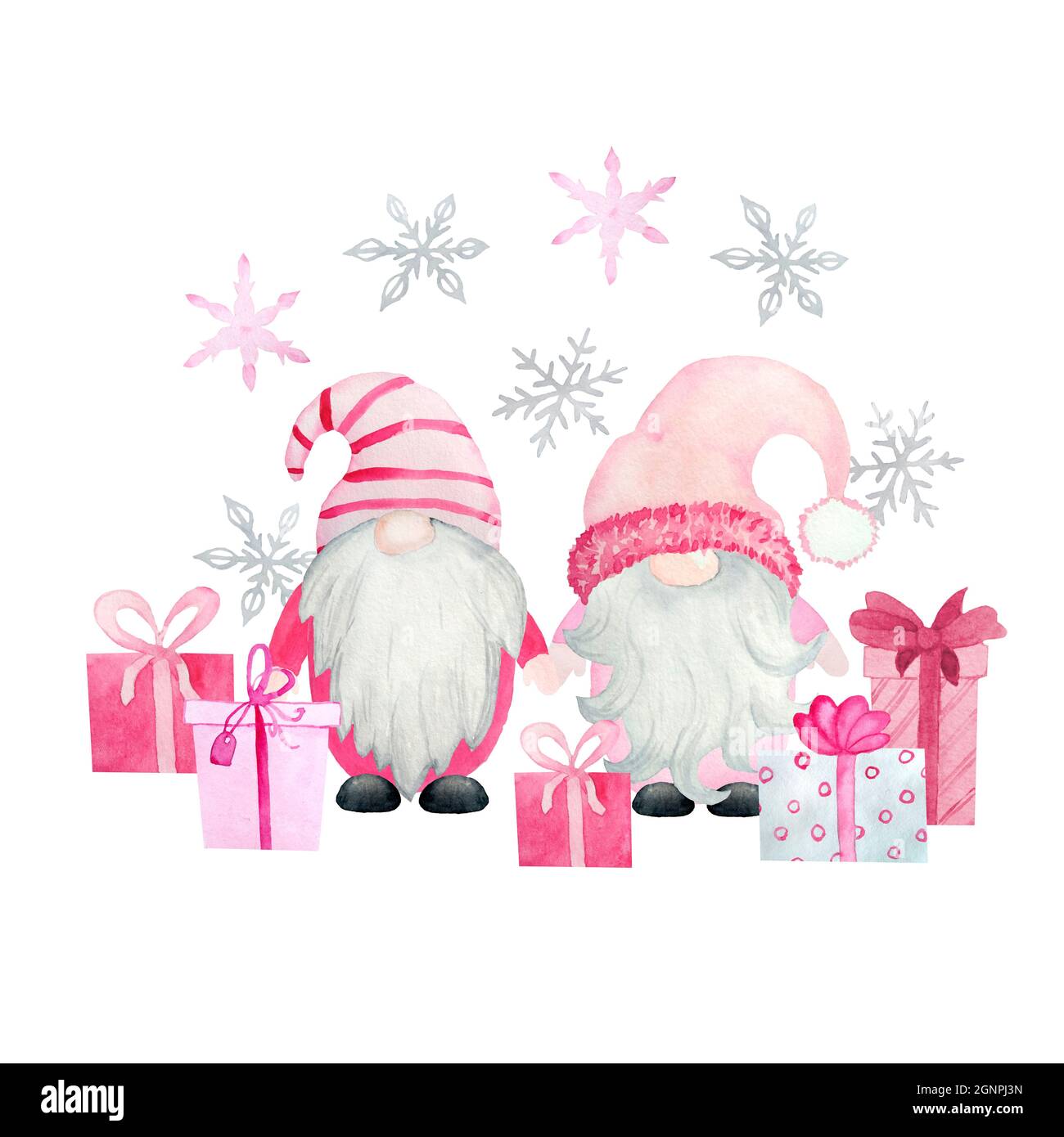 Watercolor hand drawn illustration with pink Christmas gnomes, new year ...