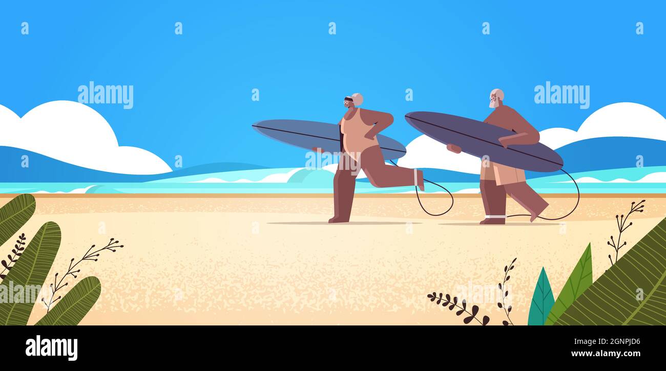 Senior Couple With Surf Boards Aged Man Woman Surfers Holding