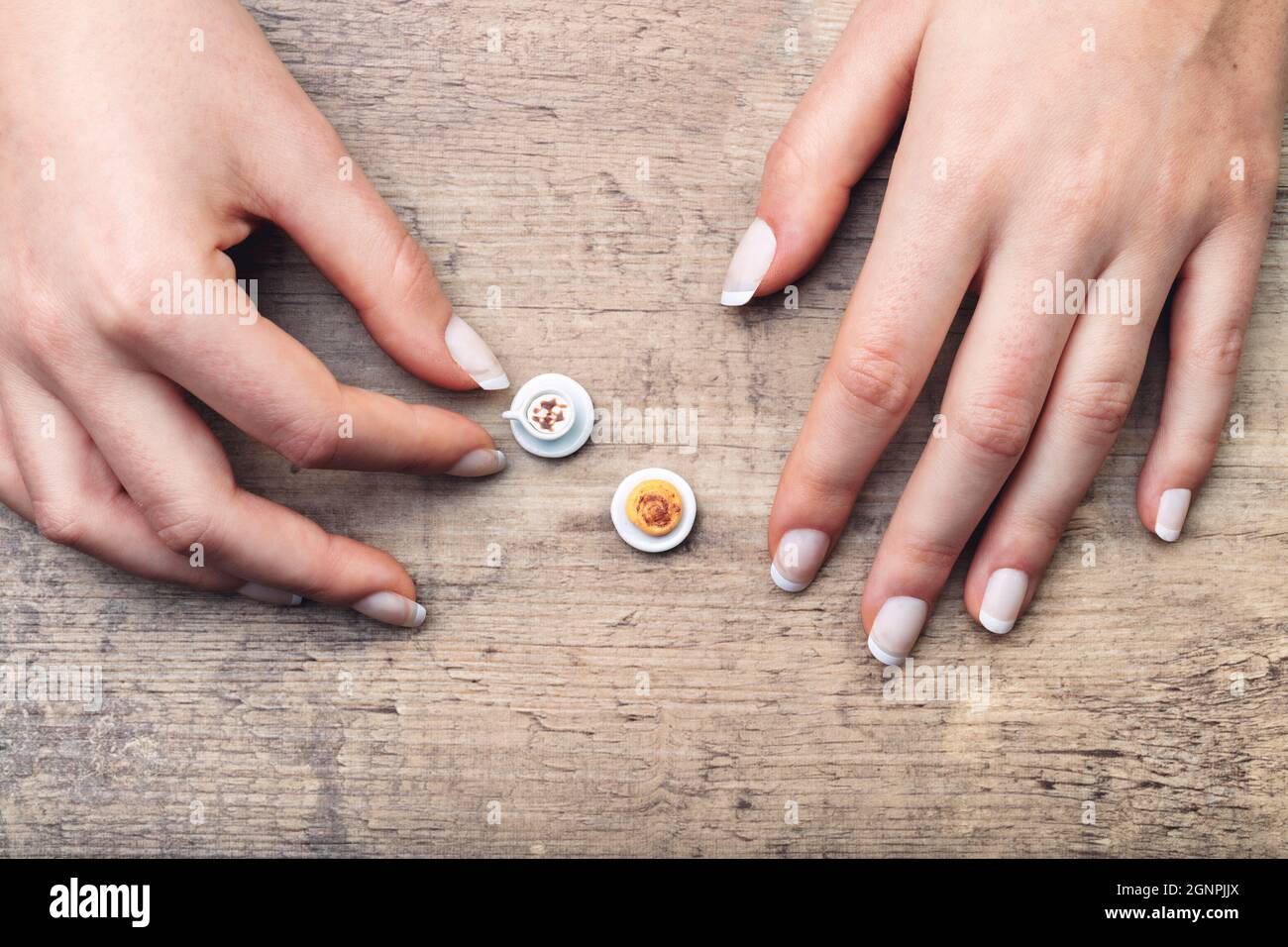 female hands with a piece of micro-food, in a concept of hard dieting ...