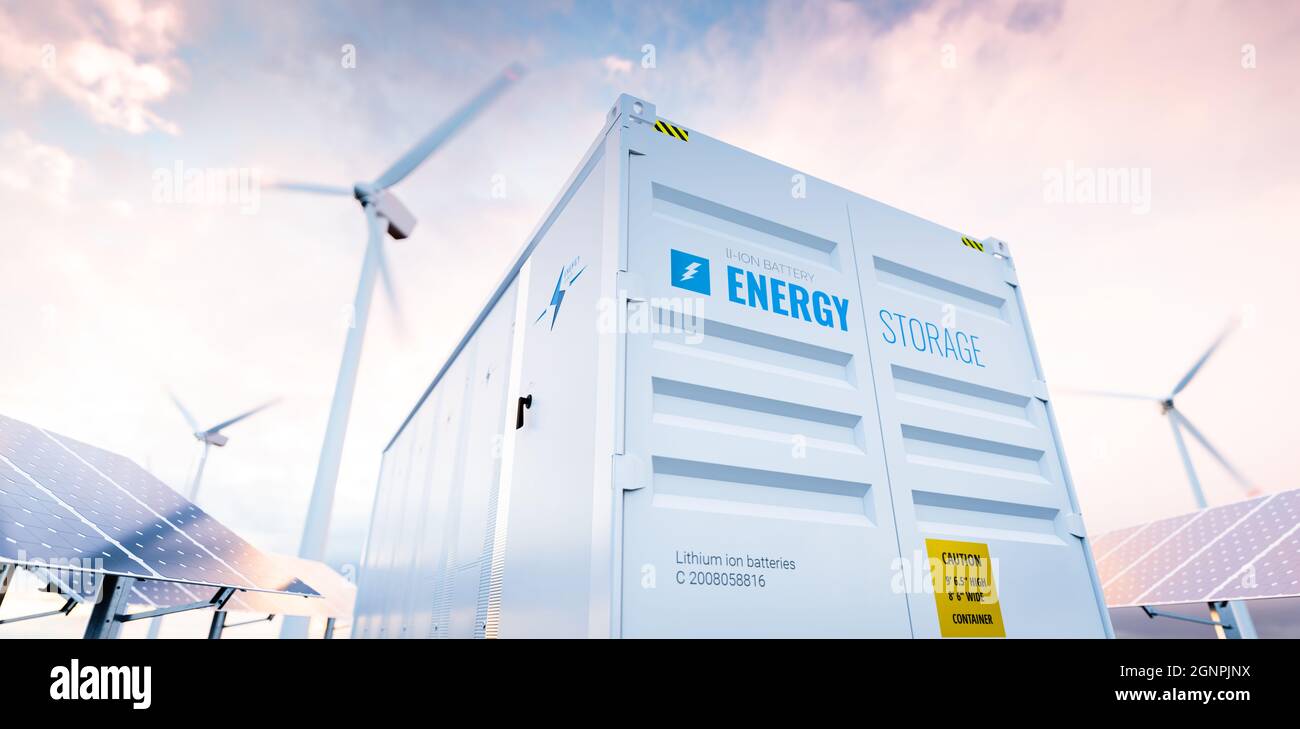 Conceptual image of a modern battery energy storage system with wind ...