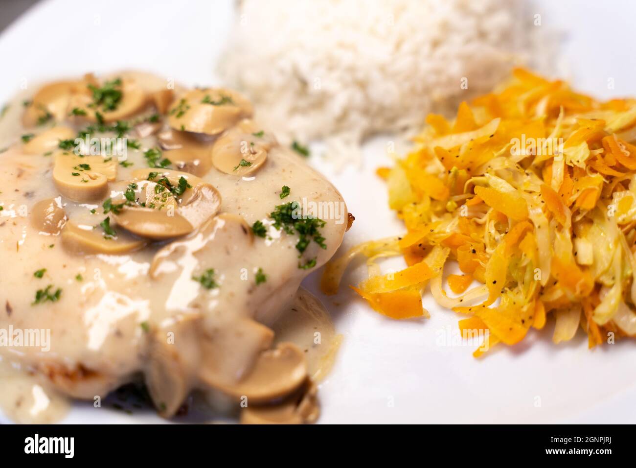Close up photo of mixed dish of rice with meat accompanied by mushroom ...