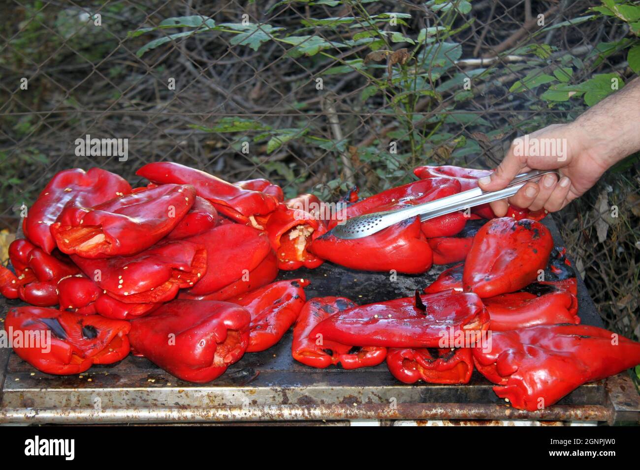 Roasting red peppers on cooker Stock Photo - Alamy