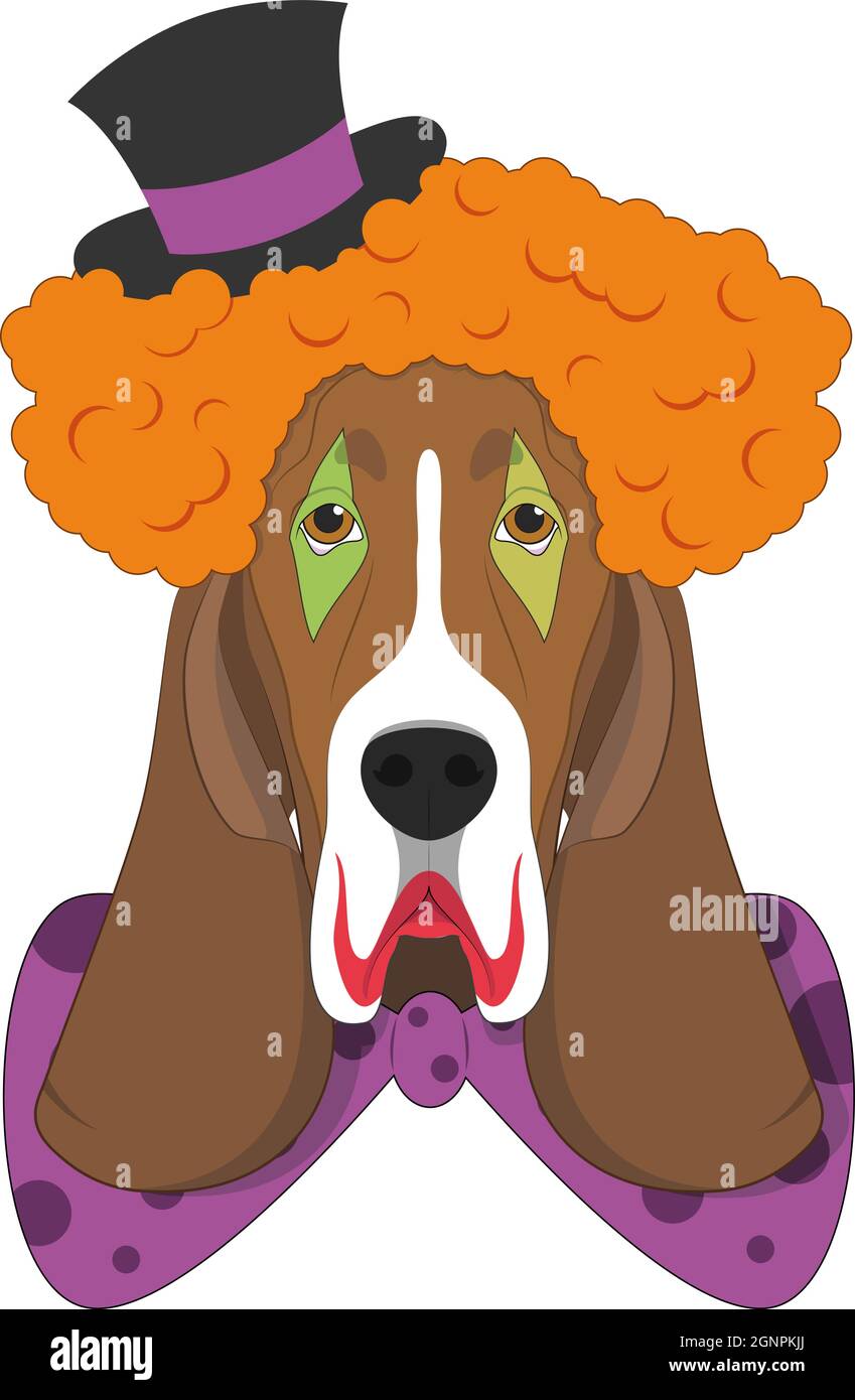 Halloween greeting card. Basset Hound dog dressed as a scary clown ...