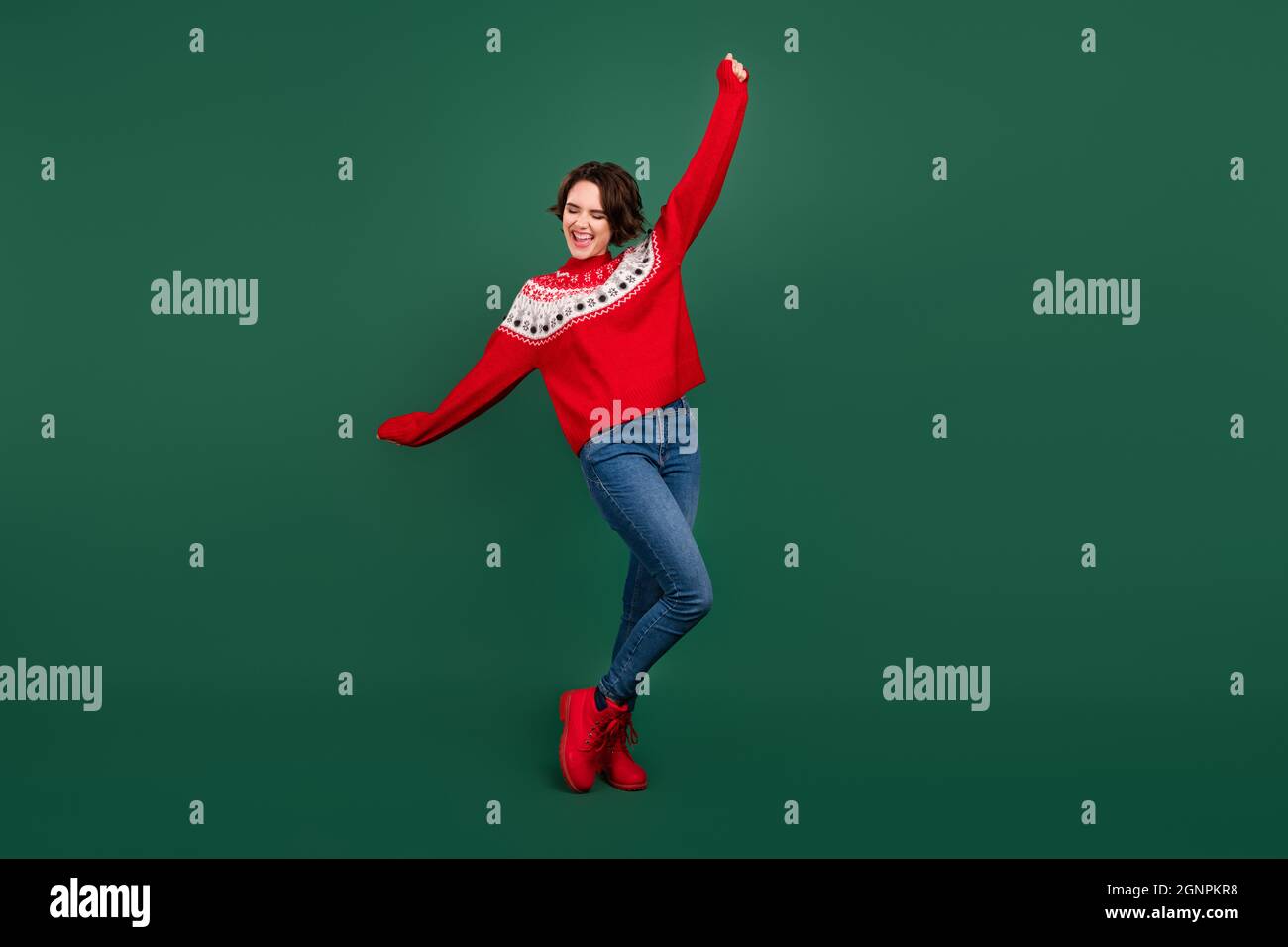 Full length body size view of attractive cheerful ecstatic girl dancing ...