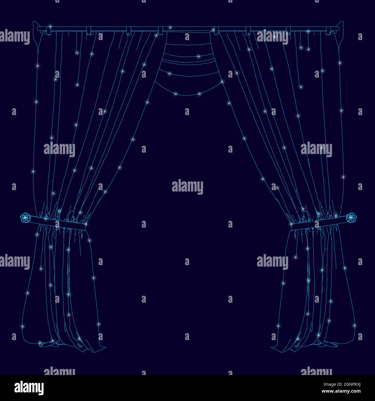 Wireframe of curtains made of blue lines with glowing lights on a dark ...
