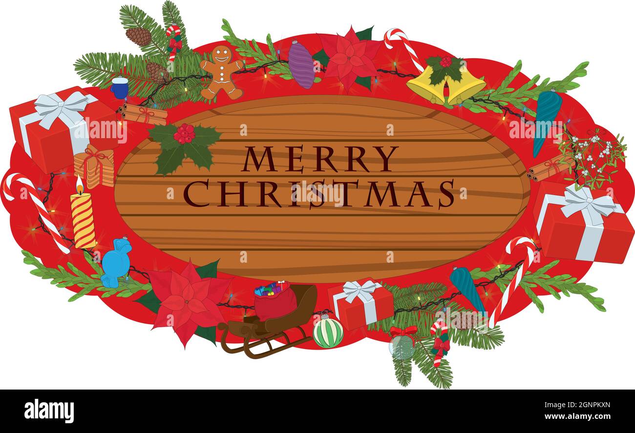 Merry Christmas Wooden Signboard Decorated With Party Items Vector