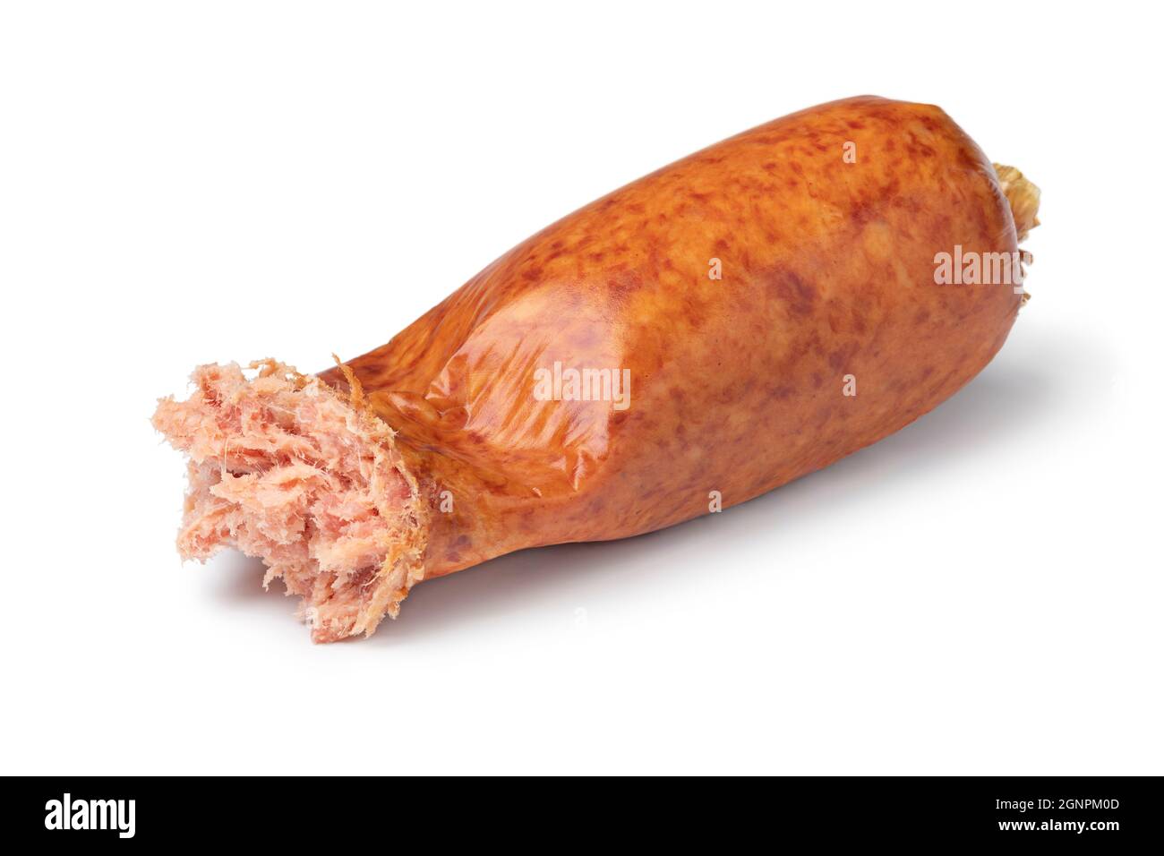 Single traditional German grob Teewurst, coarsely ground sausage, open ...