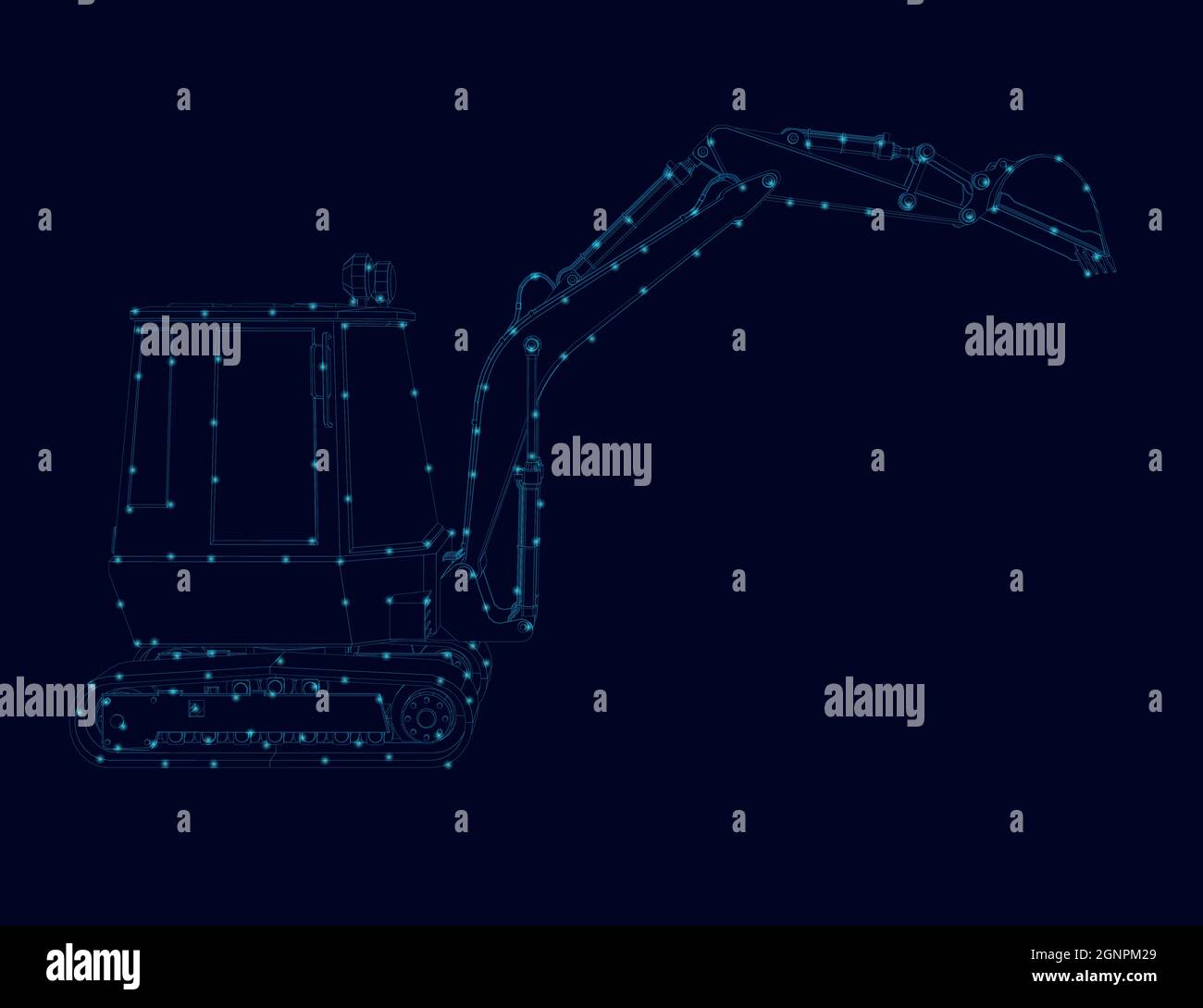 Contour of a small excavator made of blue lines with glowing lights on ...
