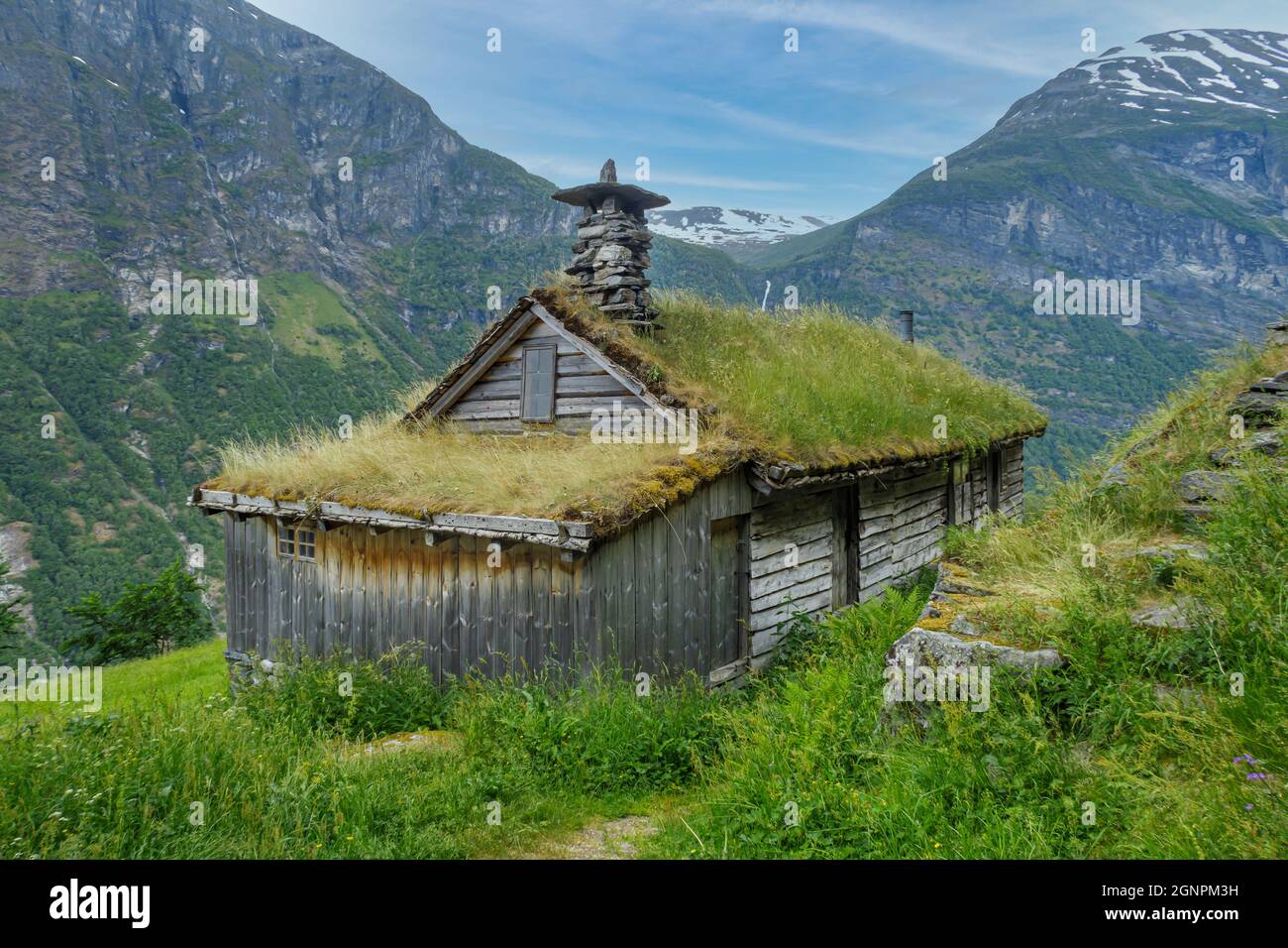 GEIRANGER, NORWAY- 2020 JUNE 21. Skageflå farm on the top of the ...